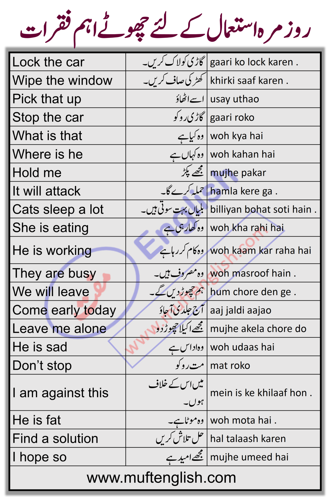60 Daily Use Short Sentences in English and Urdu