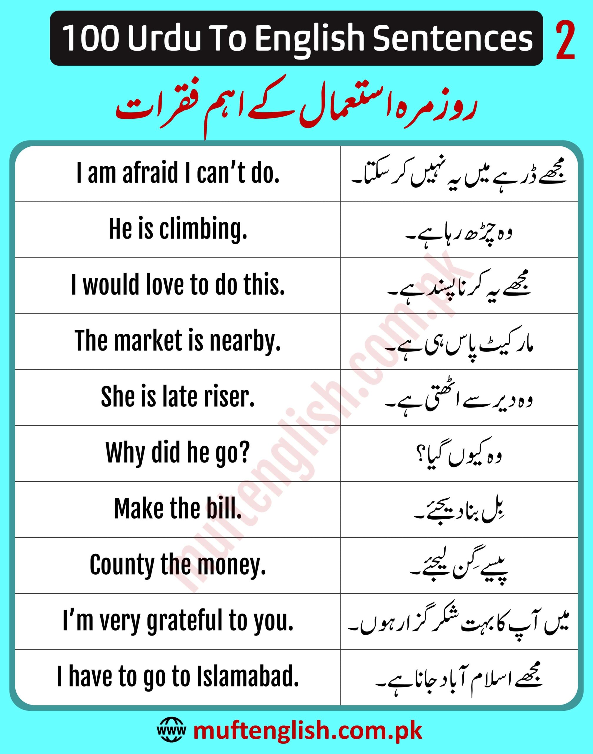 100 Urdu to English Sentences