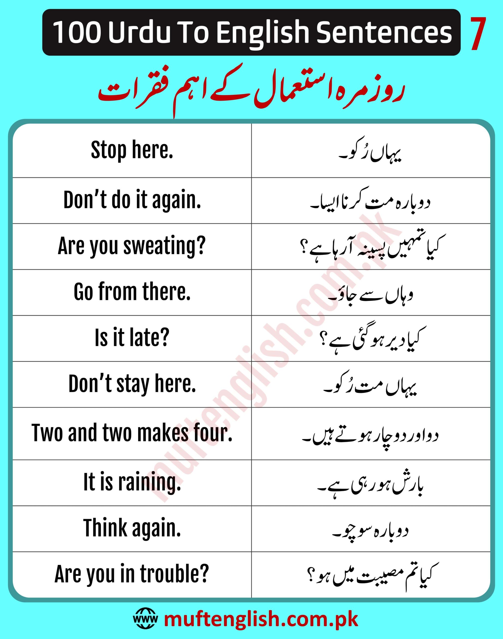 100 Urdu to English Sentences