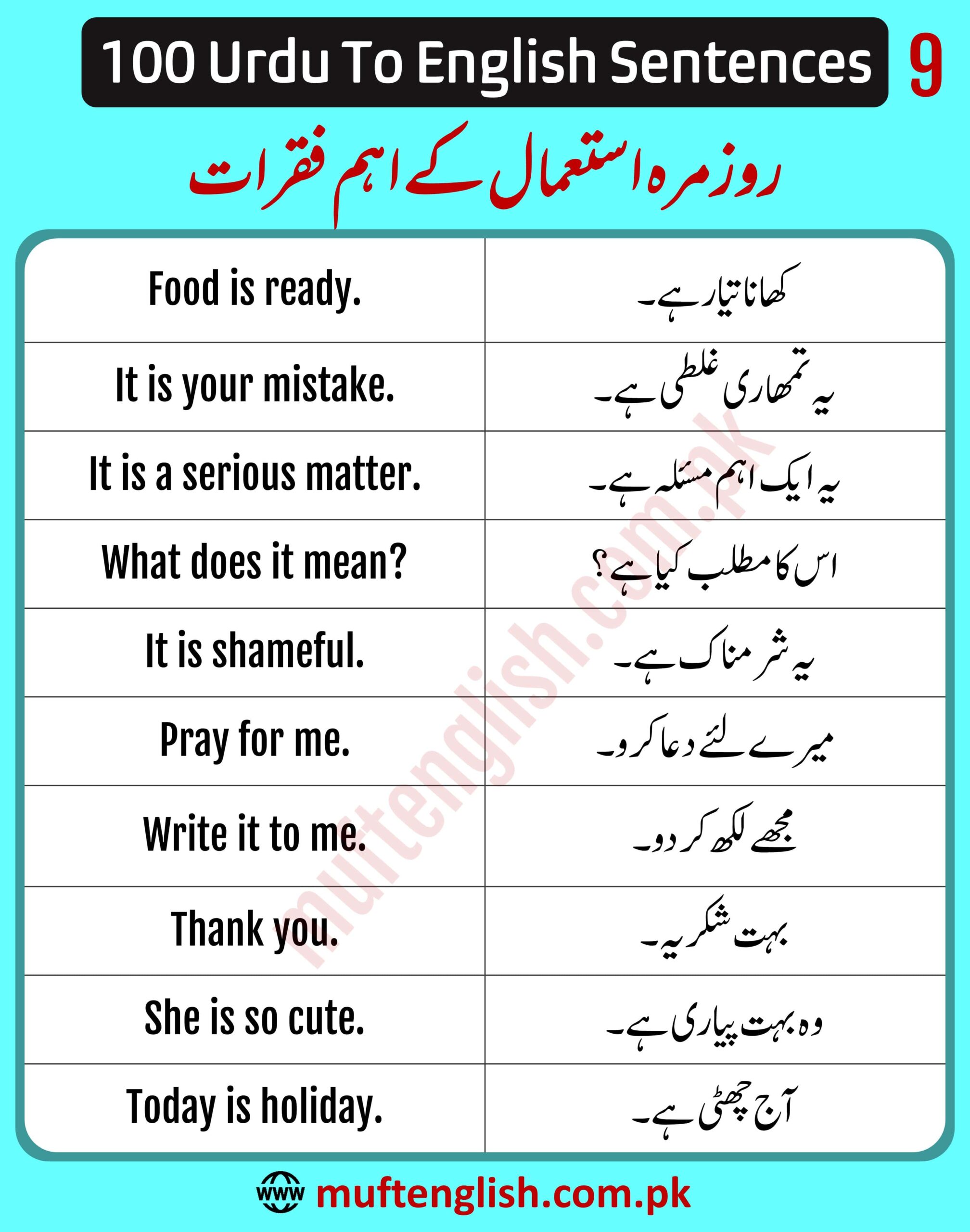 100 Urdu to English Sentences