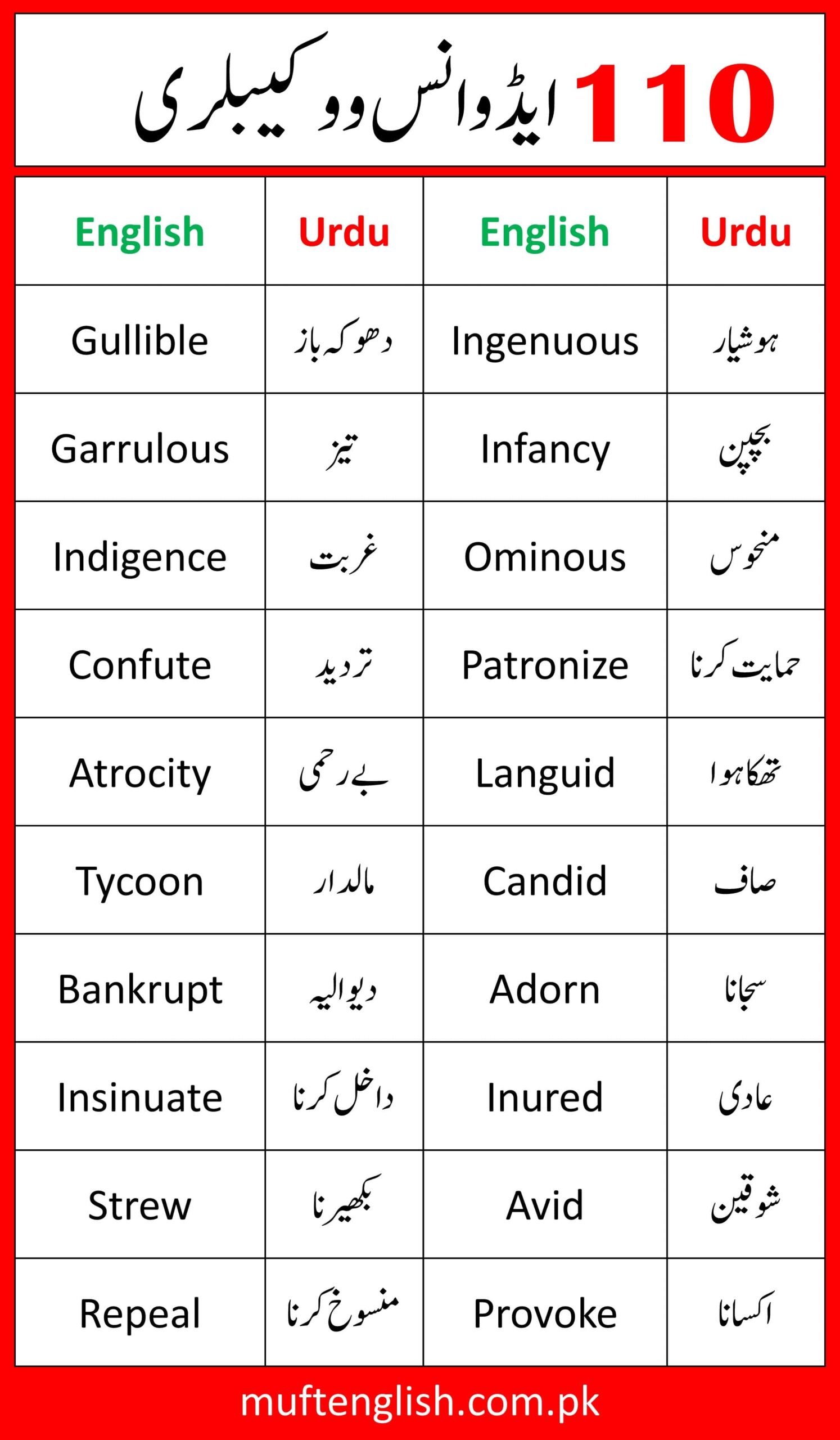 110 Advanced Vocabulary Words with Urdu Meanings